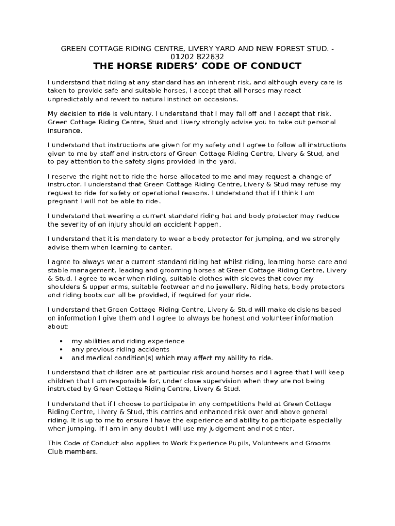 2018 GC Rider Reg & Code of Conduct Doc Template | pdfFiller