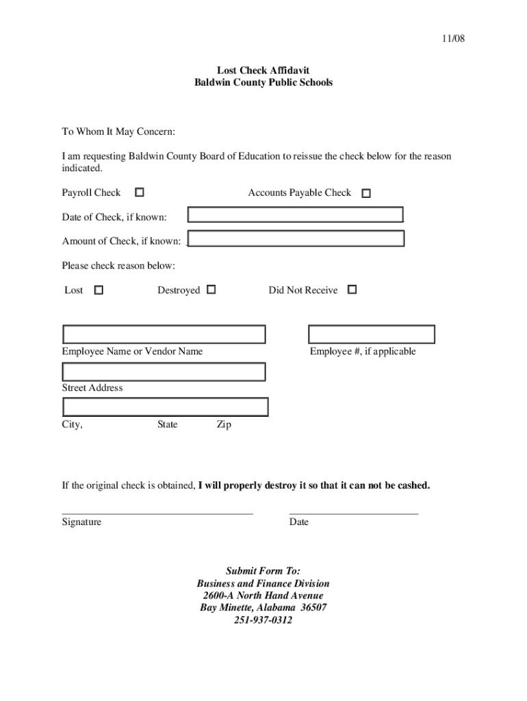 Fillable Online 11/08 Lost Check Affidavit Fax Email Print - pdfFiller