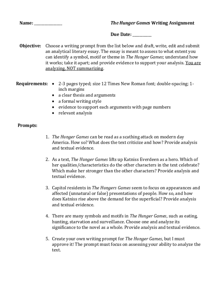 Fillable Online The Hunger Games Writing Prompts or Analytical ...