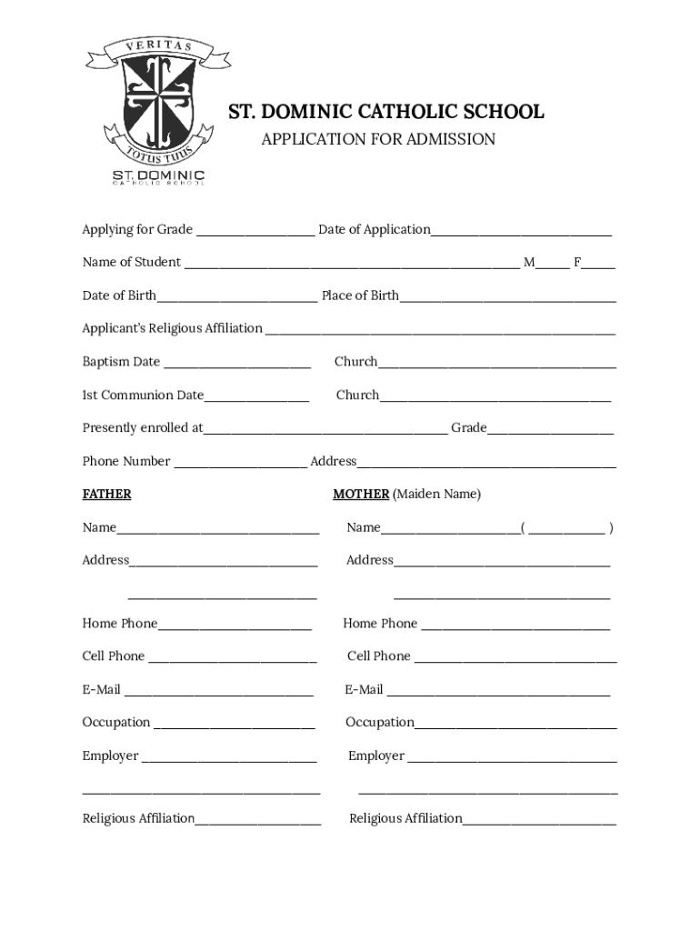 Fillable Online K-8 Application - St. Dominic School Fax Email Print ...