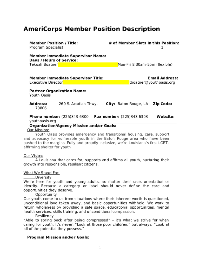 AmeriCorps Job Titles and Descriptions Doc Template | pdfFiller