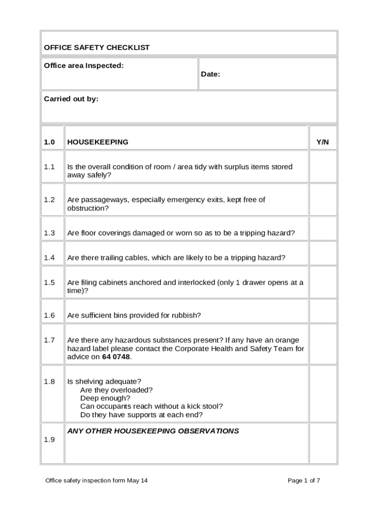OHS ProgramWorkplace Inspection Checklist Office ... Doc Template ...