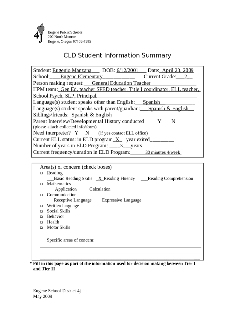 ELL Student Prereferral Screening Doc Template | pdfFiller