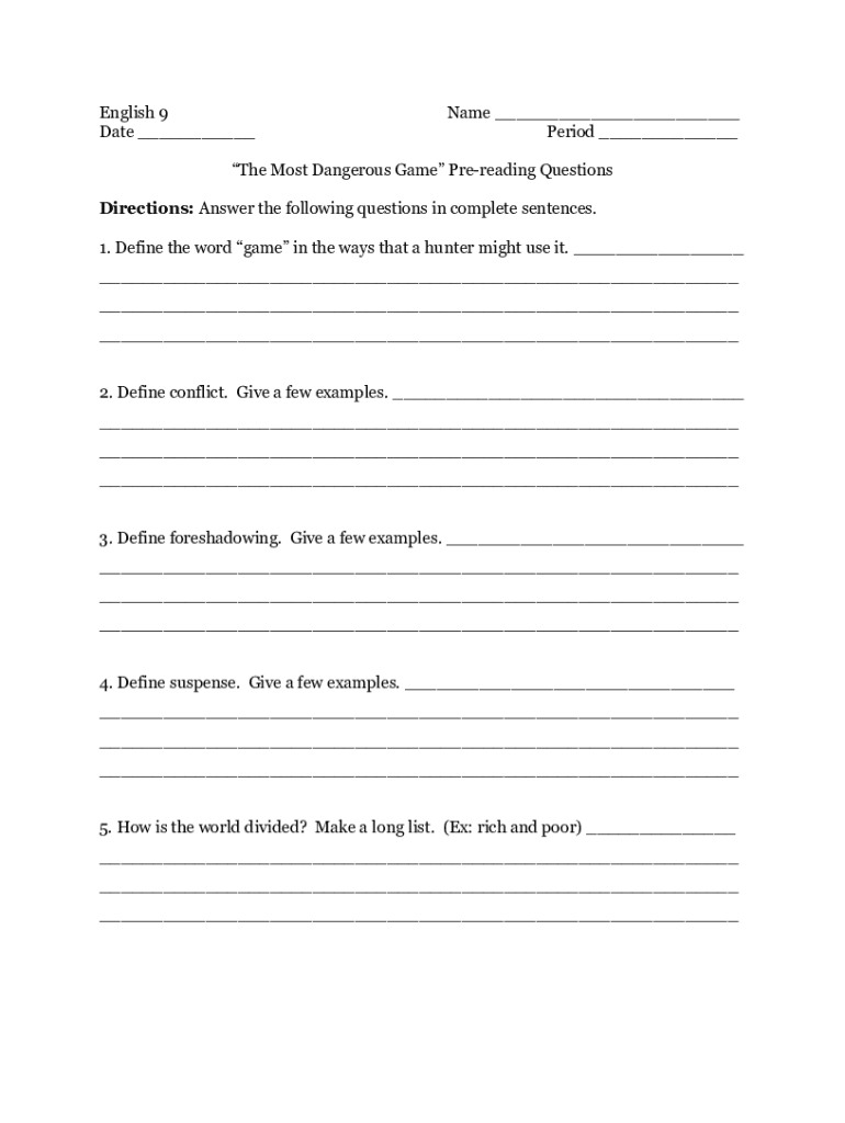 Fillable Online The most dangerous game (short story test) Flashcards ...