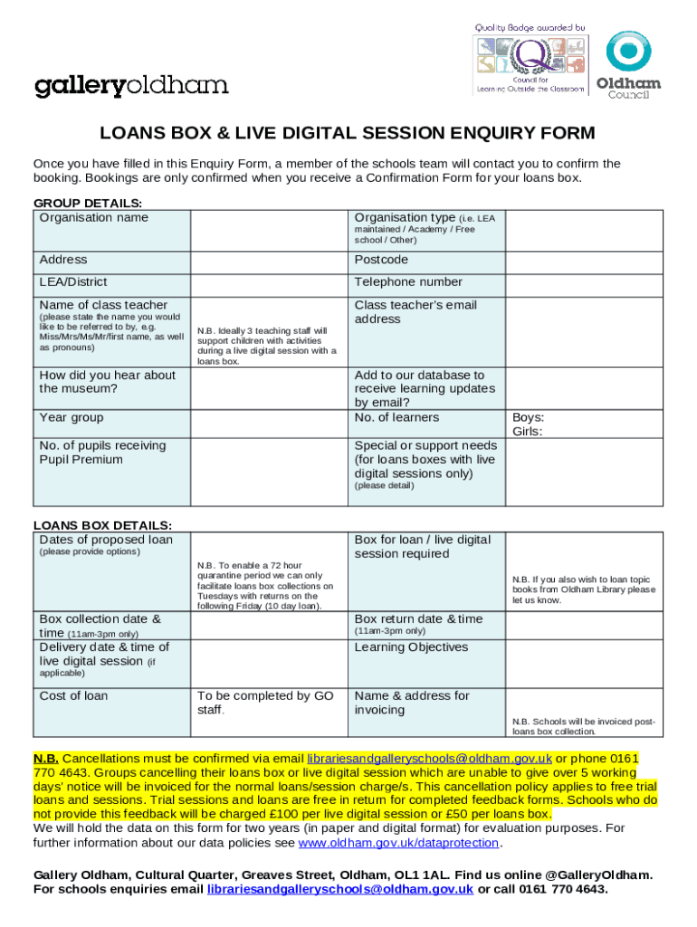 Libraries - Loan Box enquiry Doc Template | pdfFiller