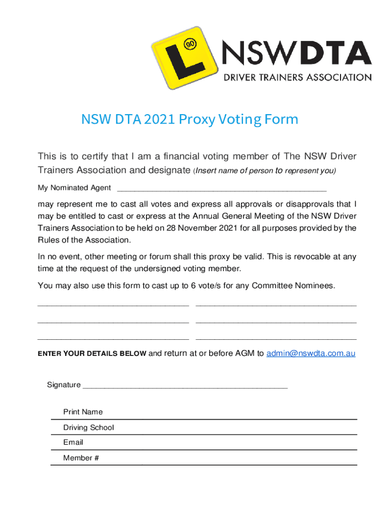 Fillable Online NSW DTA 2021 Proxy Voting Form Fax Email Print - pdfFiller