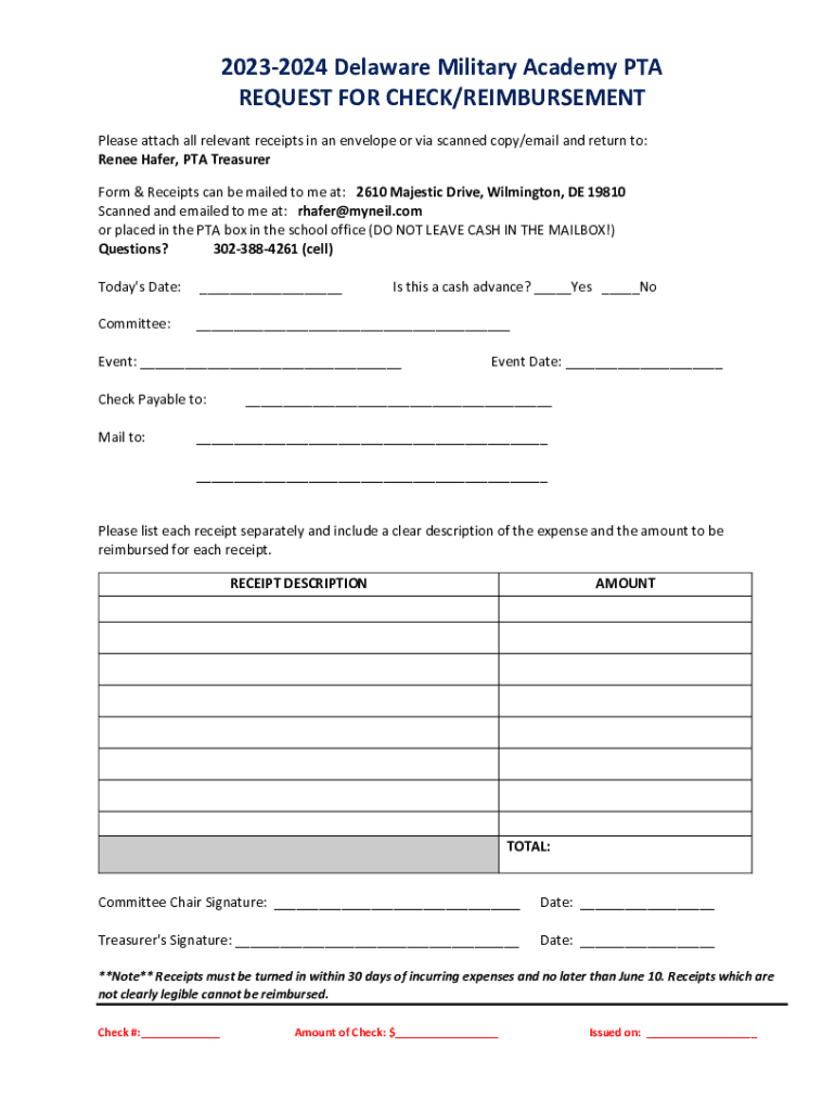 Fillable Online 2023-2024 Delaware Military Academy PTA REQUEST FOR ...