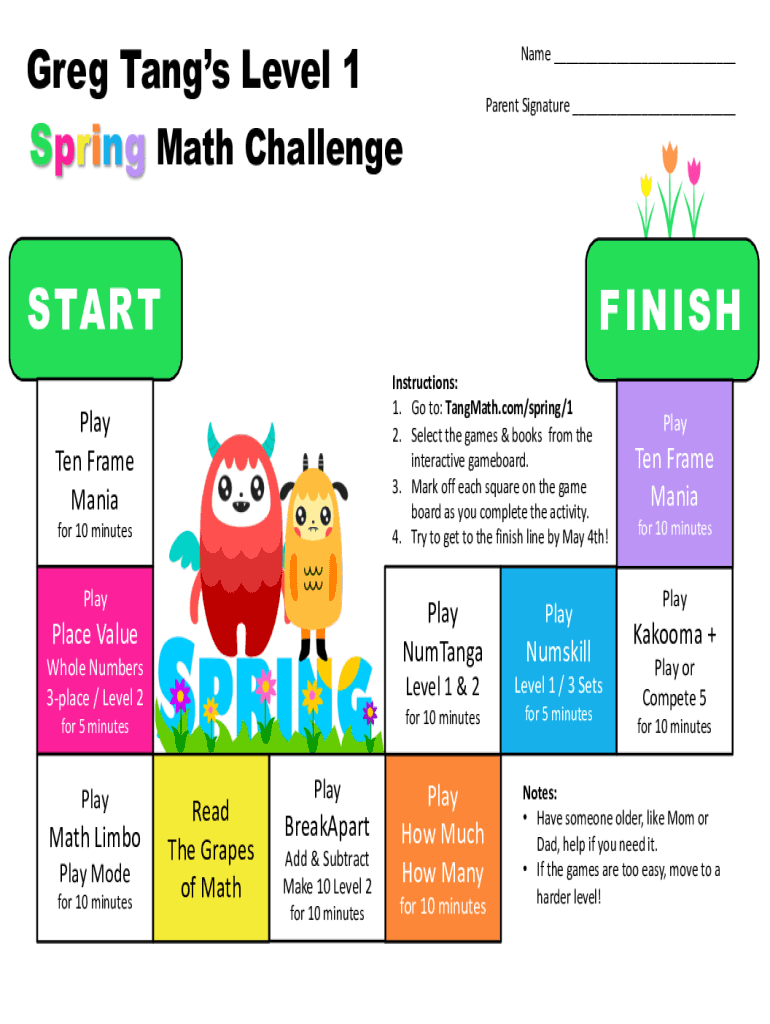 Fillable Online Greg Tang's Level 1 - Spring Math Challenge ...