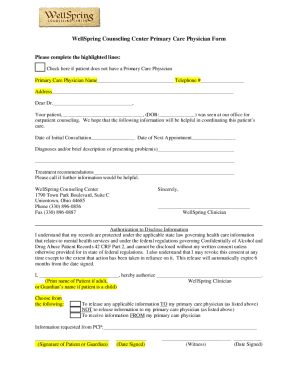 Fillable Online WellSpring Counseling Center Primary Care Physician ...