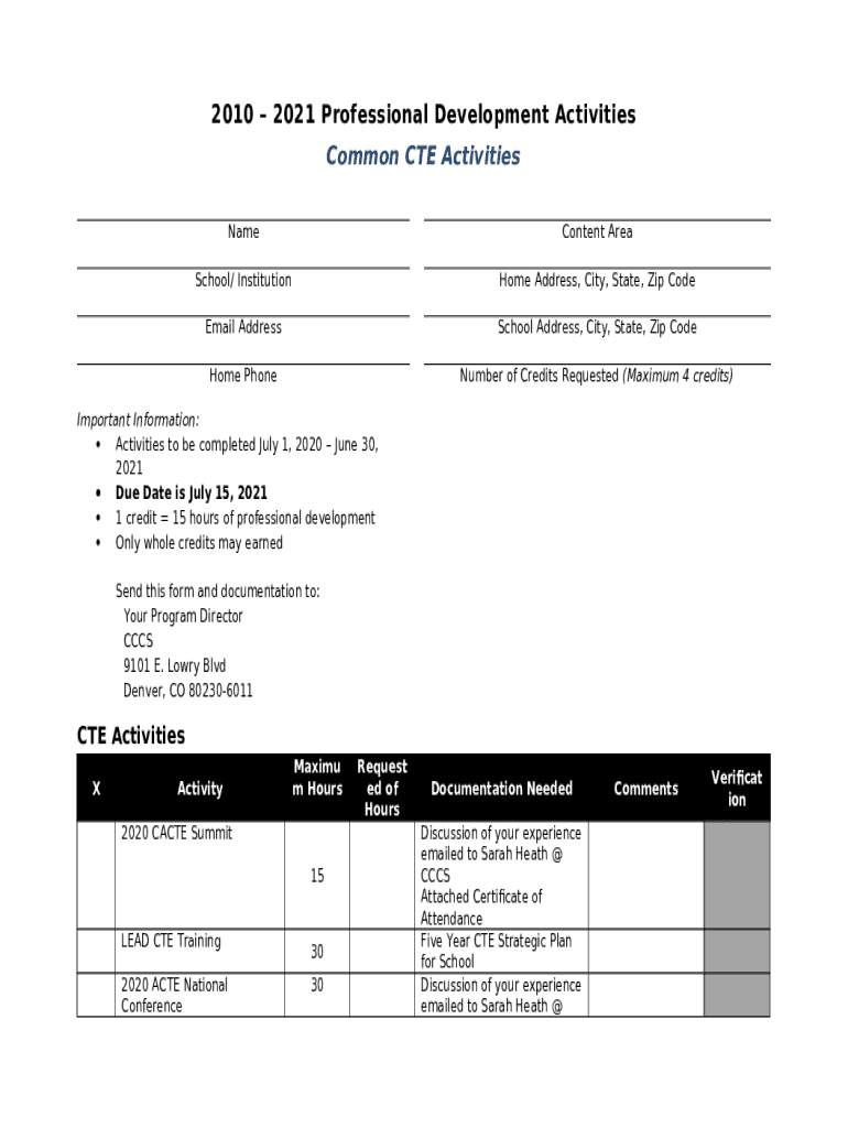 CTE Professional Development Credit Doc Template | pdfFiller