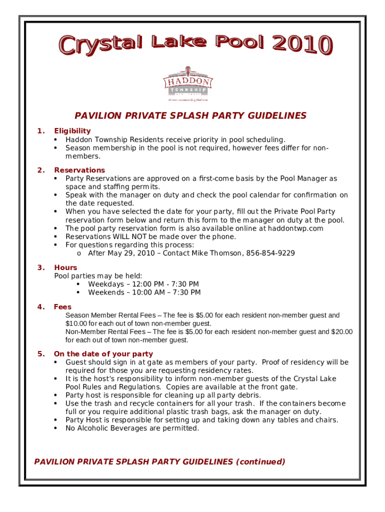 Crystal Lake Pool Pavillion Splash Party Reservation Doc Template ...