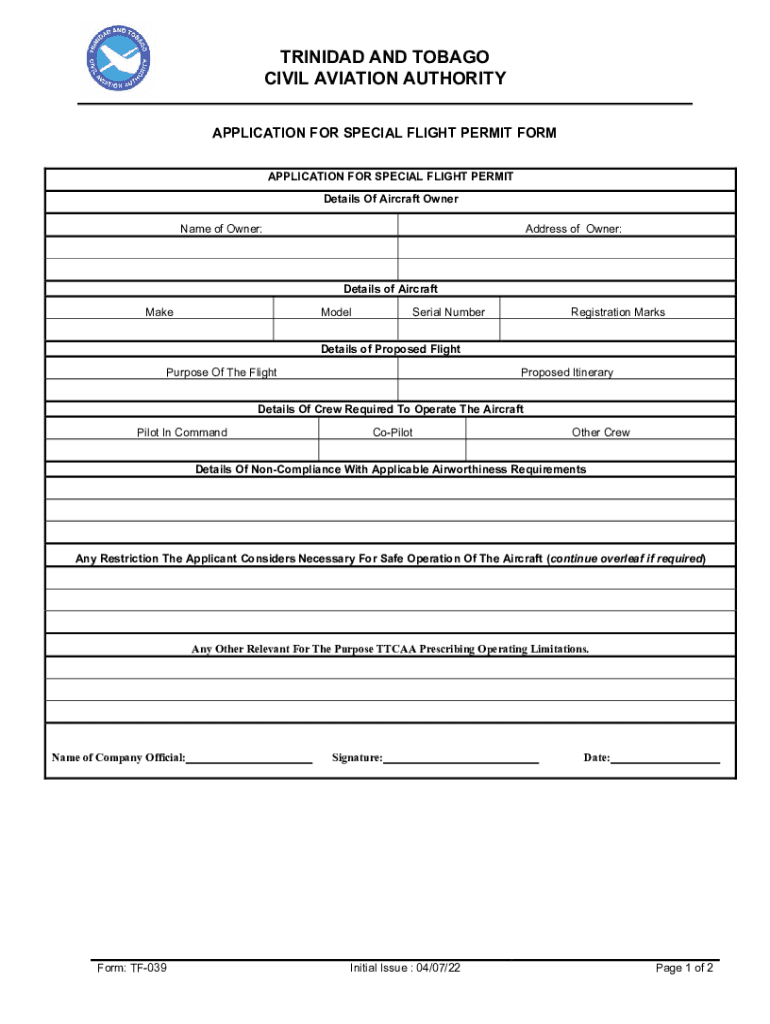 Fillable Online TF-039 APPLICATION FOR SPECIAL FLIGHT PERMIT FORM.doc ...
