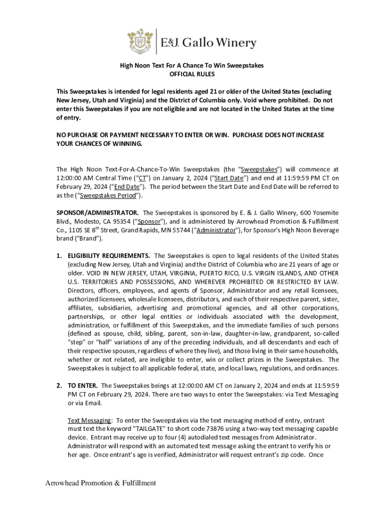 Fillable Online High Noon Text For A Chance To Win Sweepstakes Fax ...