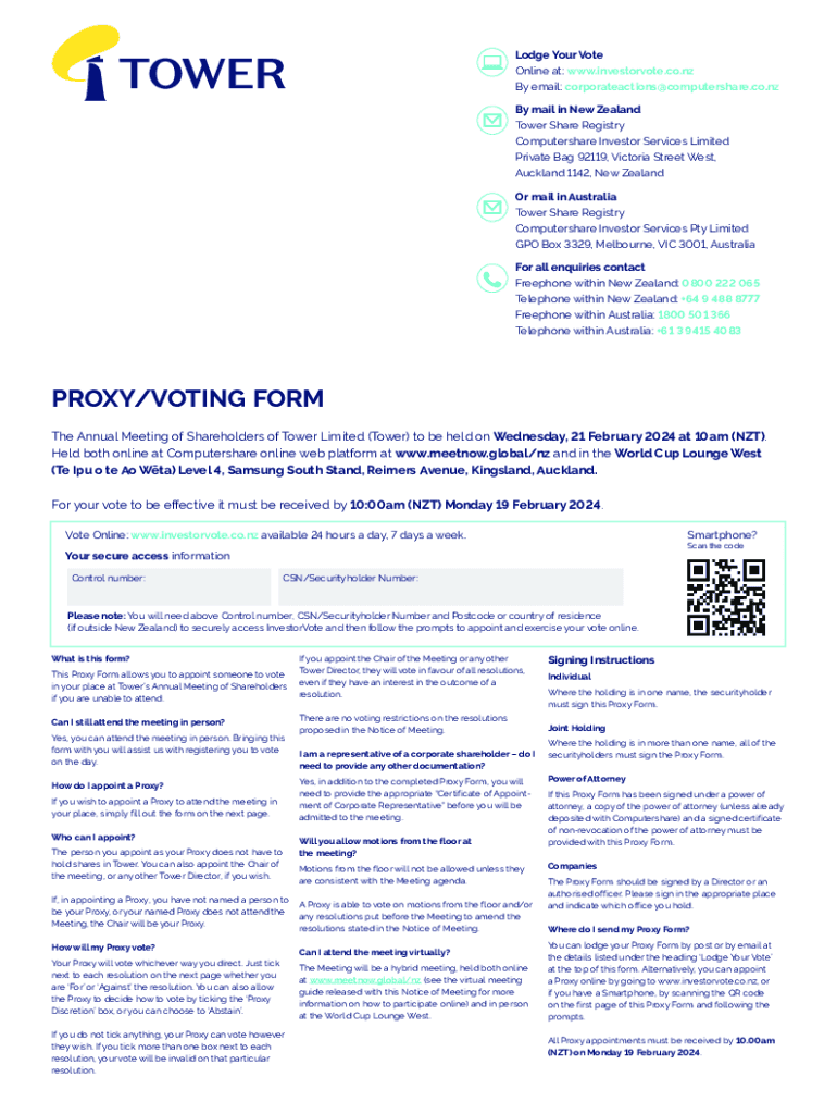 Fillable Online Tower Limited Notice of Annual meeting and Proxy Form Fax Email Print - pdfFiller