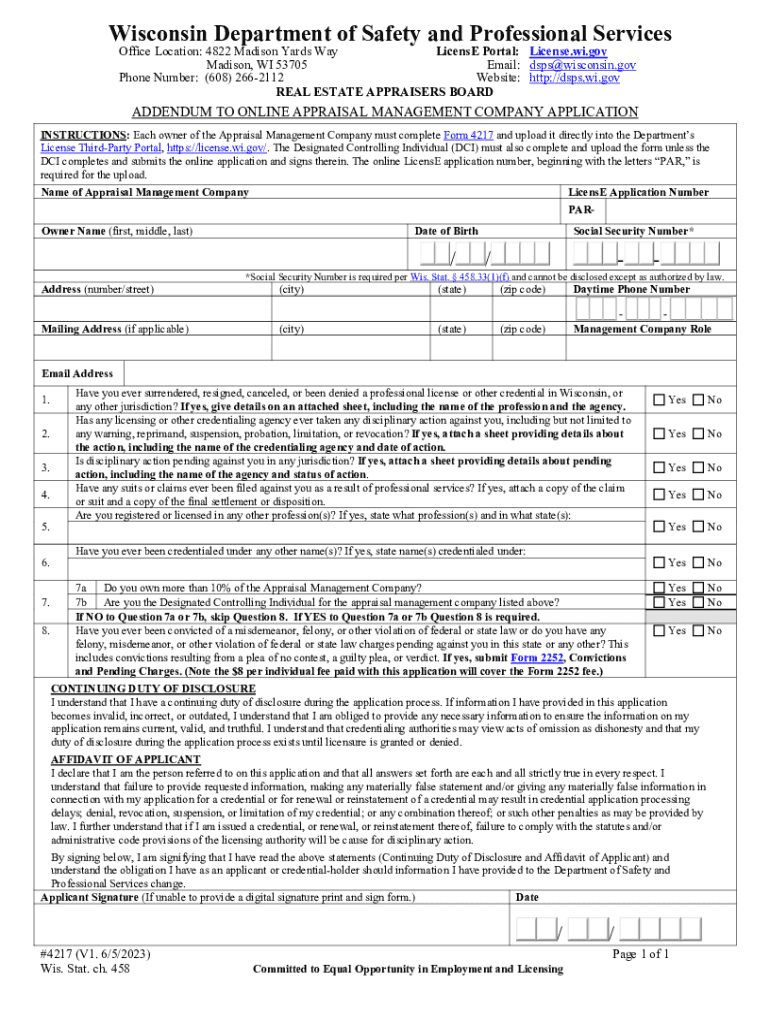 Fillable Online dsps wi #4217, Addendum to Online Appraisal Management Company Application ...