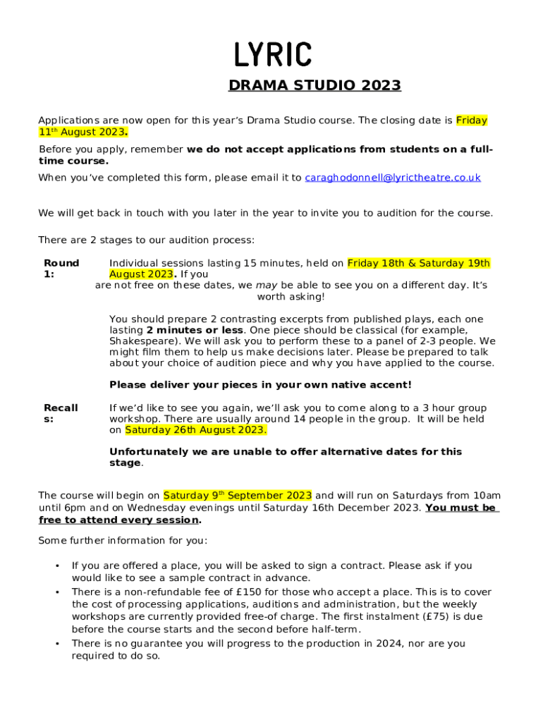 drama studio application 2023 Doc Template | pdfFiller