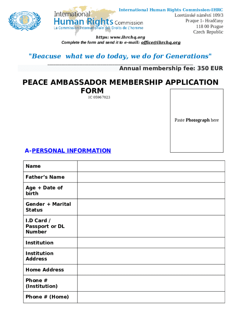 peace ambassador membership application Doc Template | pdfFiller