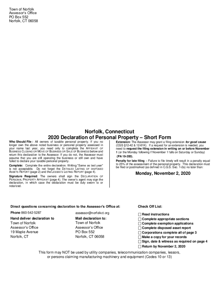 Fillable Online 2020 Declaration of Personal PropertyShort Form Fax ...