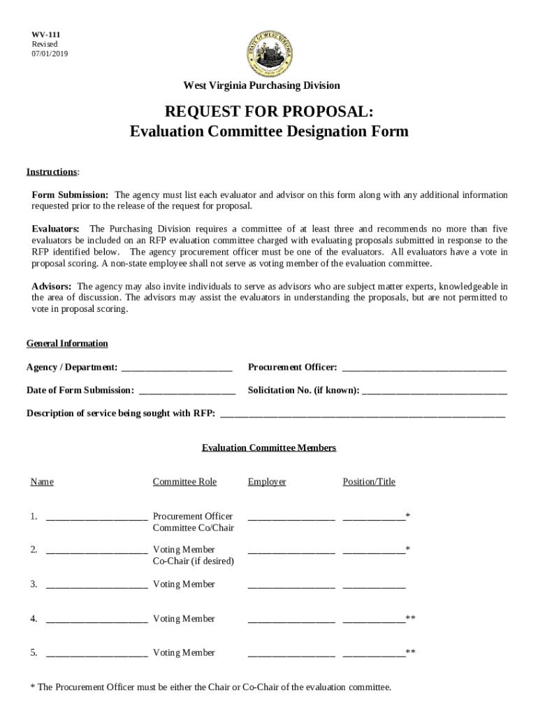 RFP Evaluation Committee Designation (WV-111) Doc Template | pdfFiller