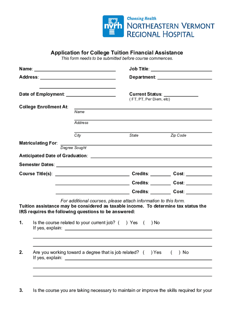 Fillable Online Application for College Tuition Financial Assistance ...