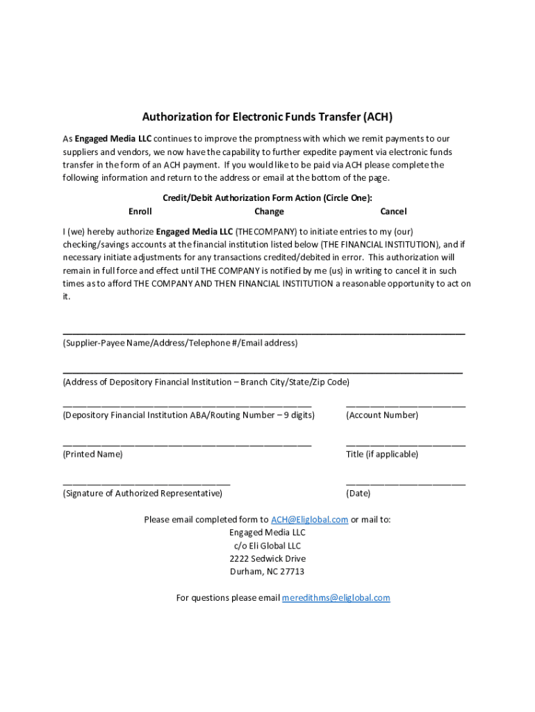 Fillable Online Authorization for Electronic Funds Transfer (ACH) Fax ...