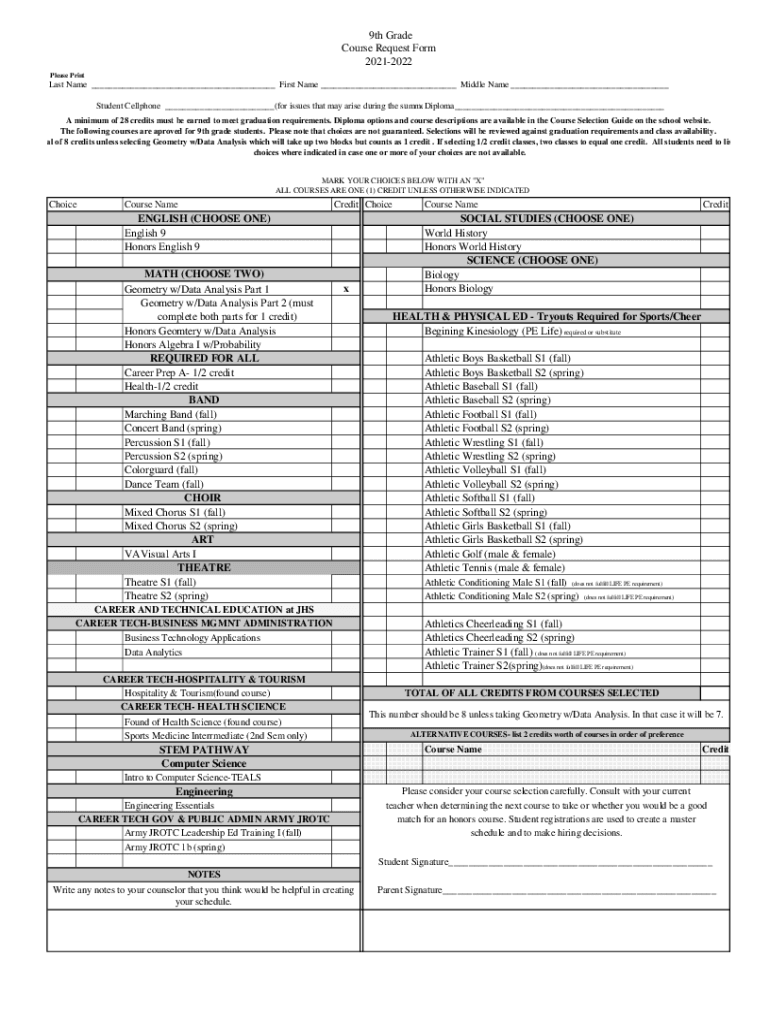 Fillable Online 2024-2025 Course Request Worksheet Jackson ... Fax ...