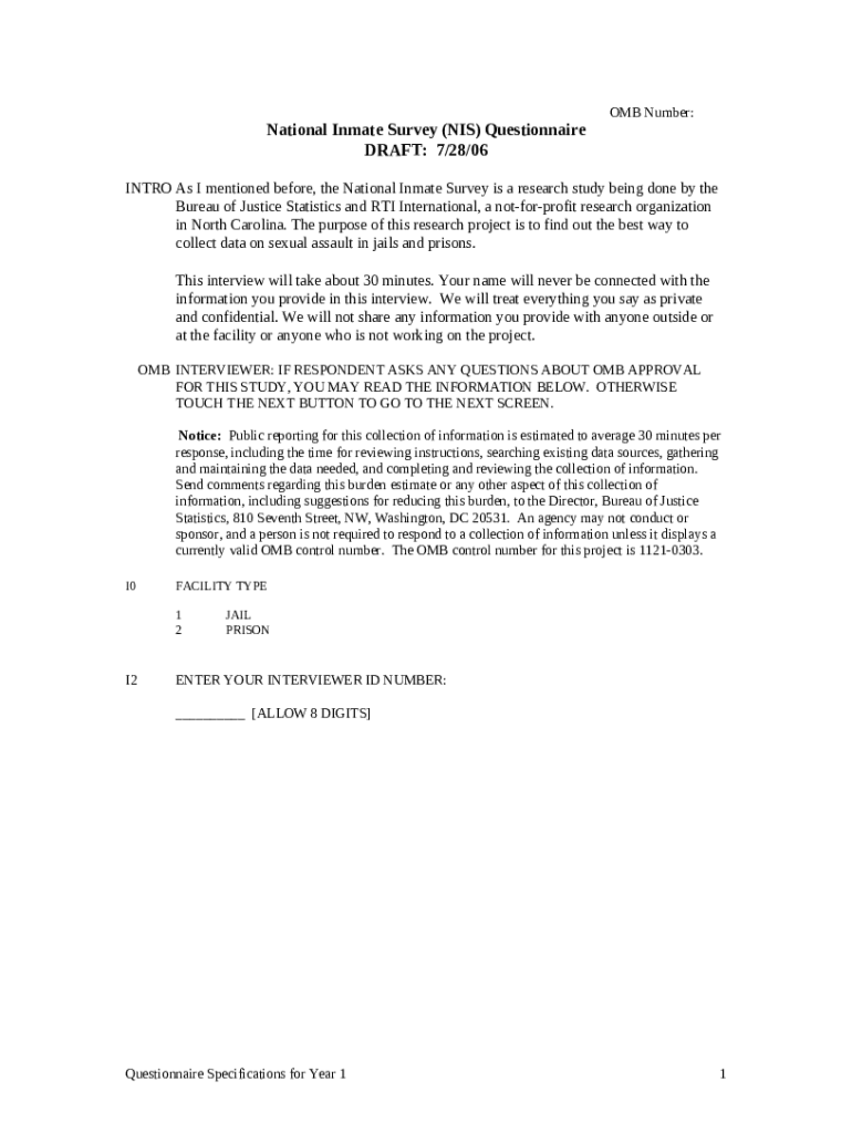 National Inmate Survey (NIS) Questionnaire Doc Template | pdfFiller