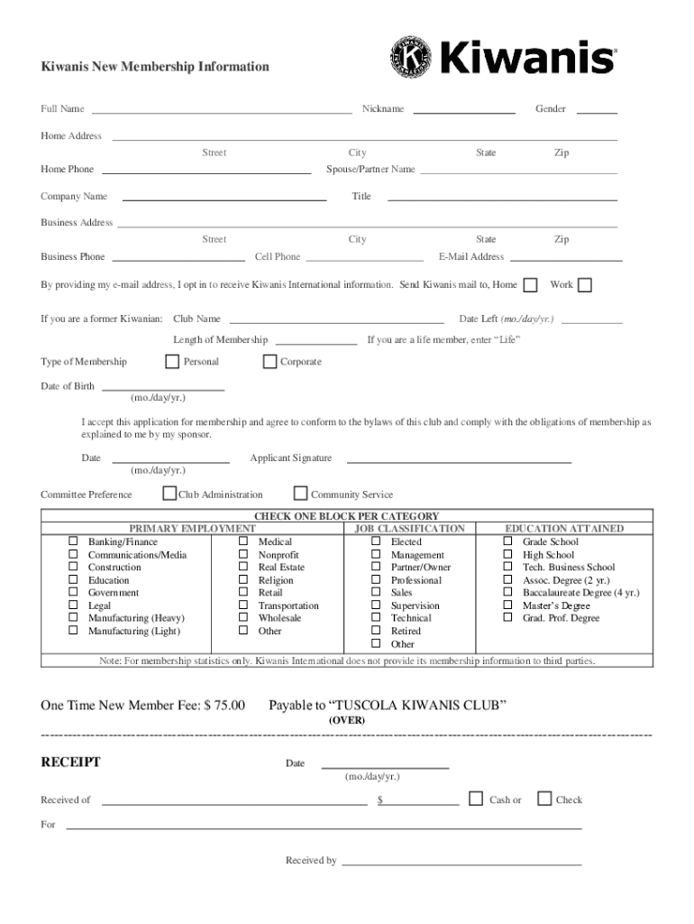 Fillable Online Kiwanis New Membership Information One Time New Member Fee ... Fax Email Print ...