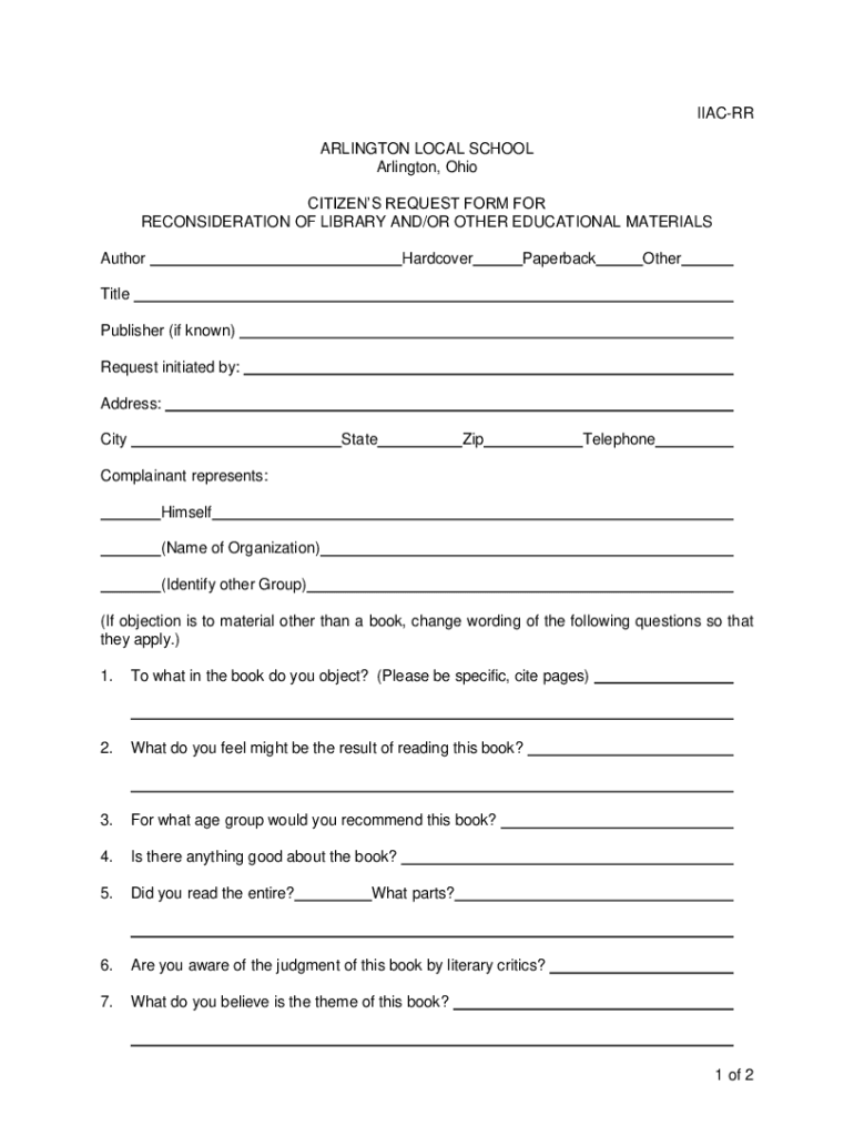 Fillable Online Citizen's Request for Reconsideration of Library ...