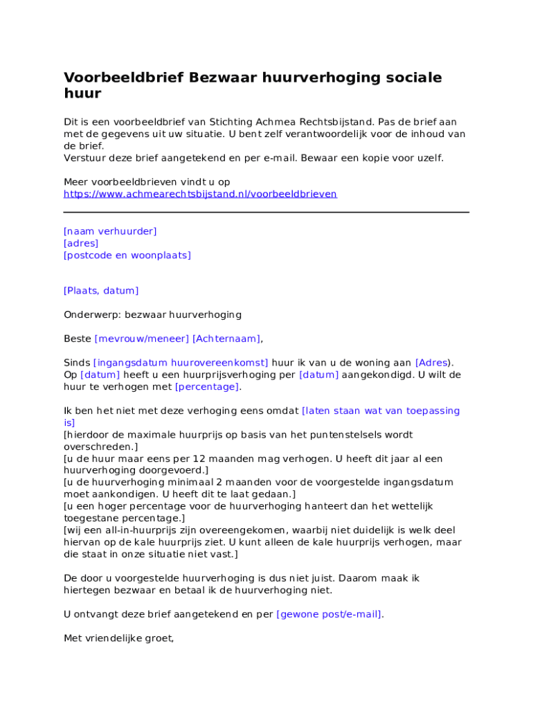 Voorbeeldbrief Bezwaar huurverhoging vrije sector Doc Template | pdfFiller