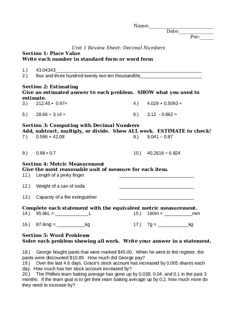 Decimal Place Value, Standard, Expanded, Comparing, & ... Doc Template ...