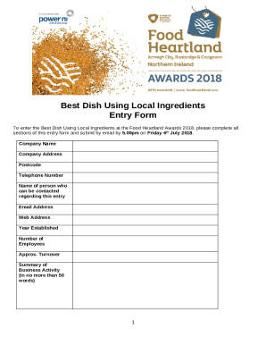 Best Dish Using Local Ingredients Entry Doc Template | pdfFiller