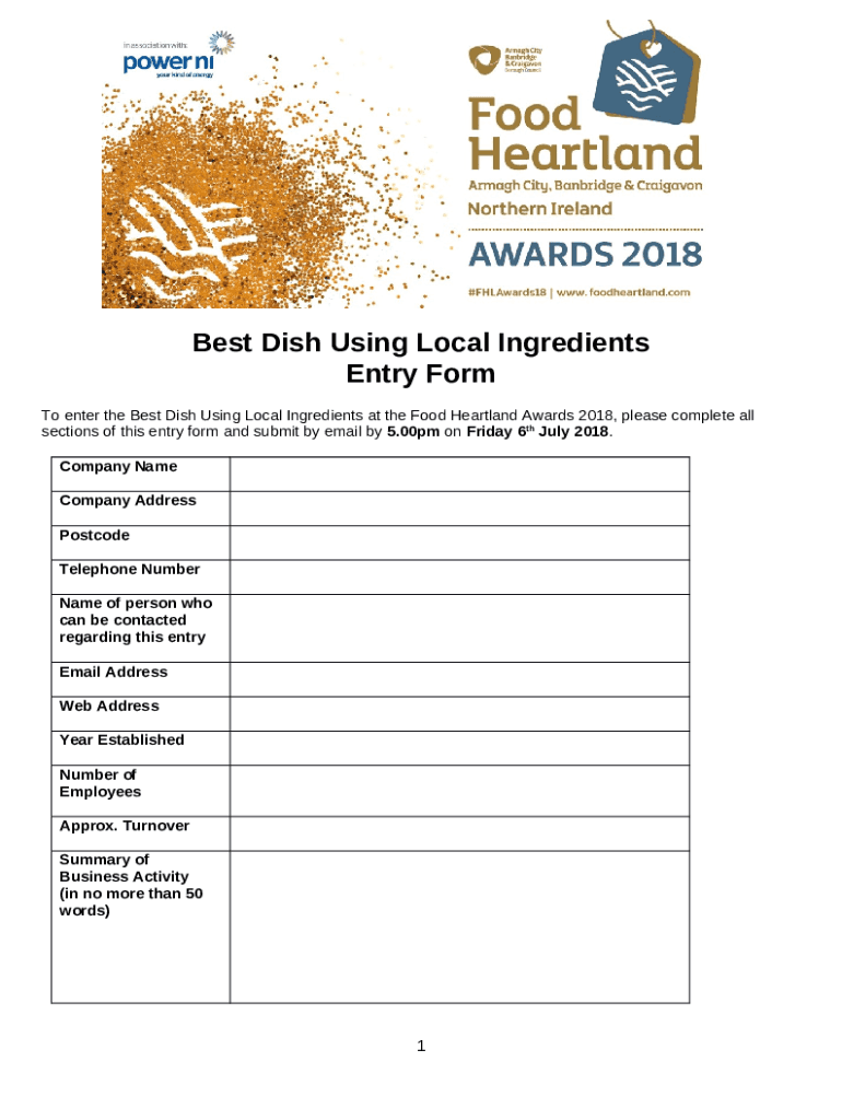 Best Dish Using Local Ingredients Entry Doc Template | pdfFiller