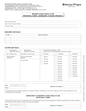 Fillable Online ManipalCigna Health 360 - Proposal Form - ANNEXURE TO ...