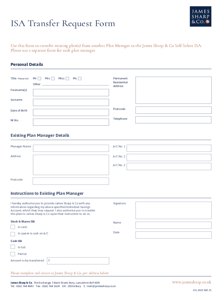 Fillable Online ISA Transfer Application - Customer Details Fax Email ...