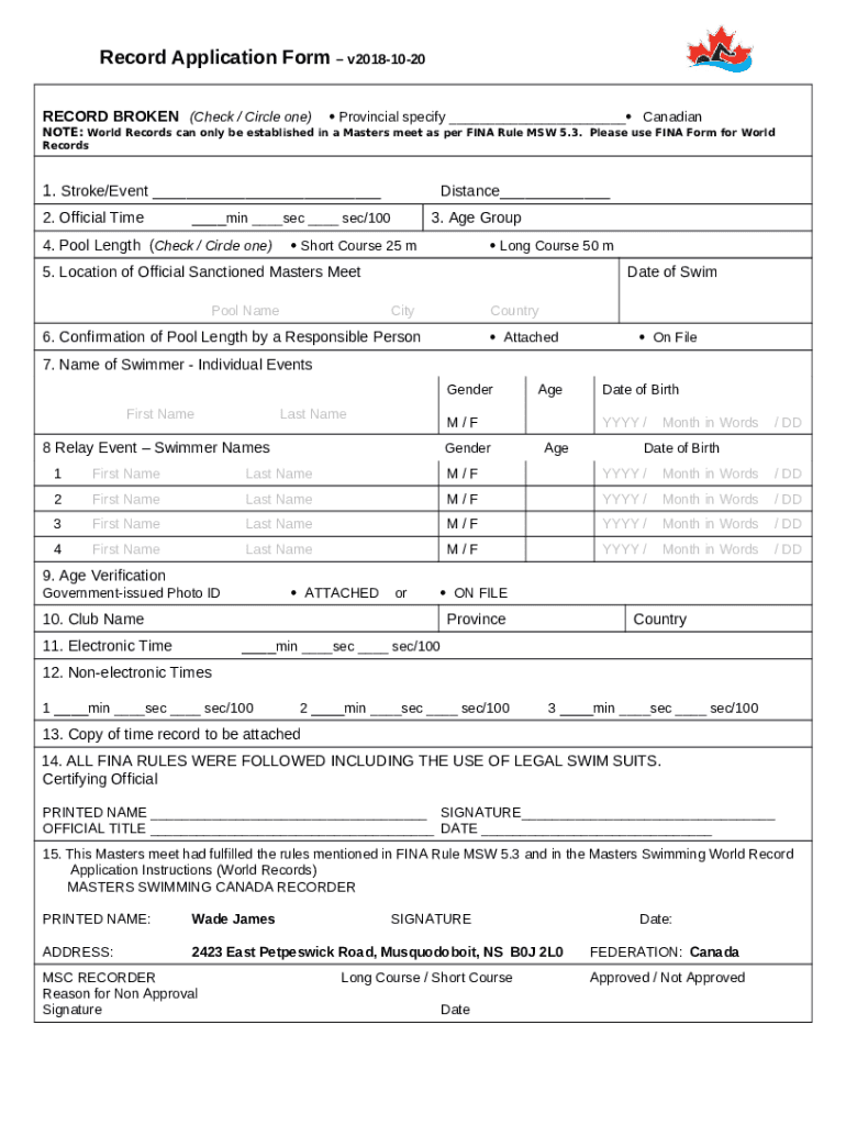 MASTERS SWIMMING WORLD RECORD APPLICATION ... Doc Template | pdfFiller