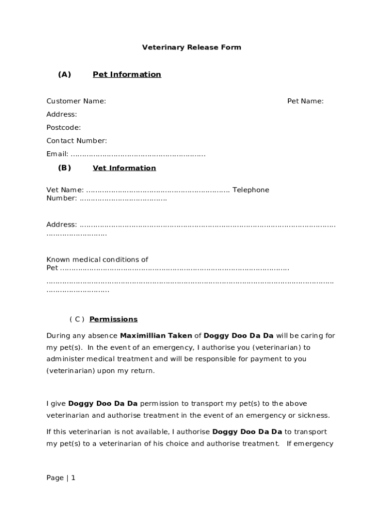 Veterinary-Release-.docx Doc Template | pdfFiller