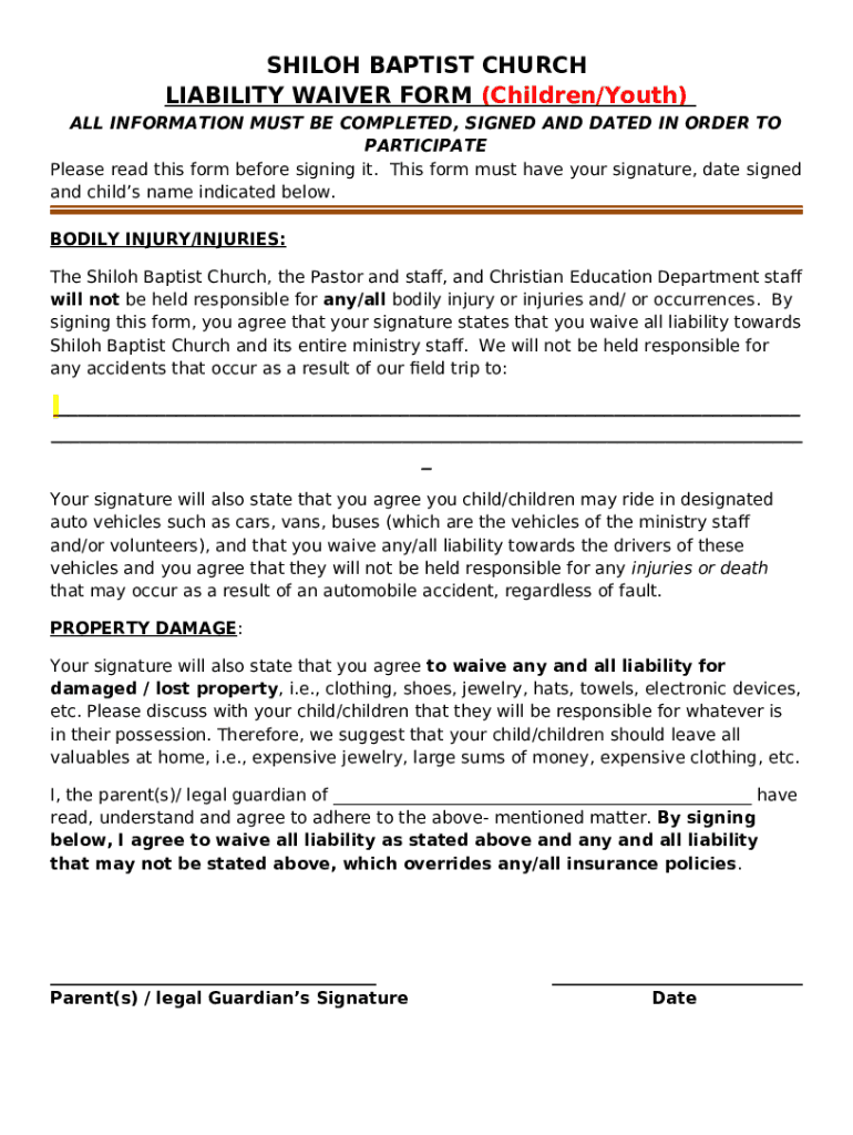 Liability Waiver (Children/Youth)Shiloh Baptist Church Doc Template ...