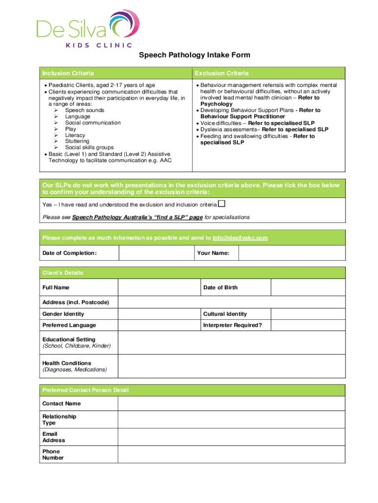 Fillable Online Speech Pathology Intake Form Fax Email Print - pdfFiller