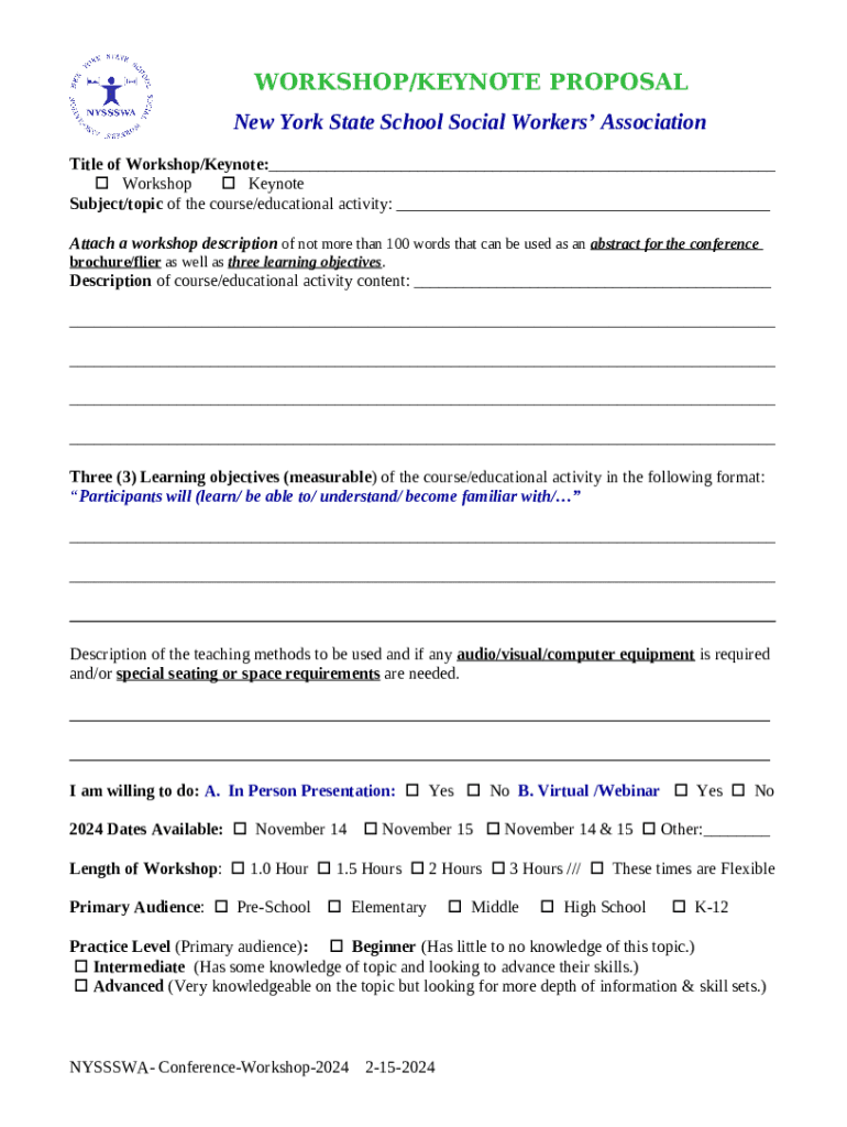 Workshop Proposal NYSSSWA Doc Template | pdfFiller