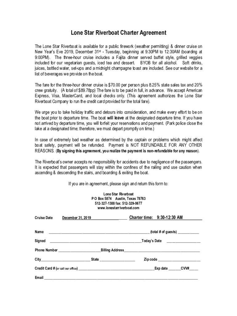 Fillable Online Lone Star Riverboat Charter Agreement Fax Email Print ...