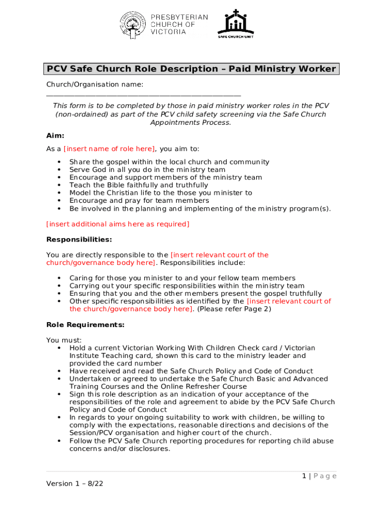 PCV Safe Church Role DescriptionPaid Ministry Worker Doc Template ...