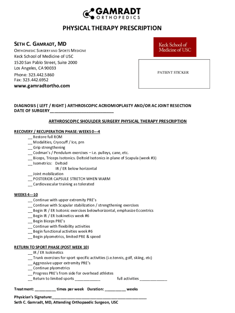 Fillable Online Post-Operative Instructions AC Joint Reconstruction Fax ...