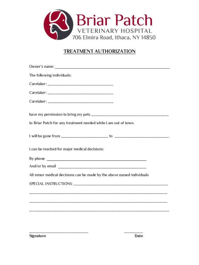 Fillable Online Pet Caretaker Treatment Authorization Fax Email Print ...