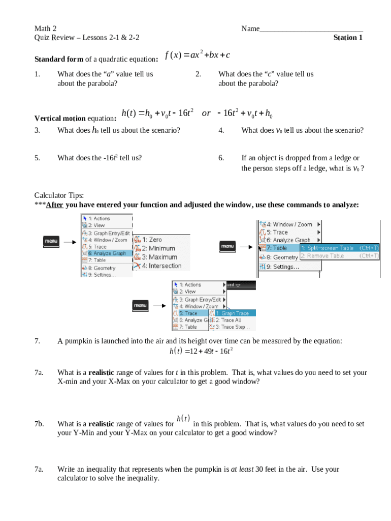 U5 U2: Standard of a Quadratic Function Flashcards Doc Template | pdfFiller