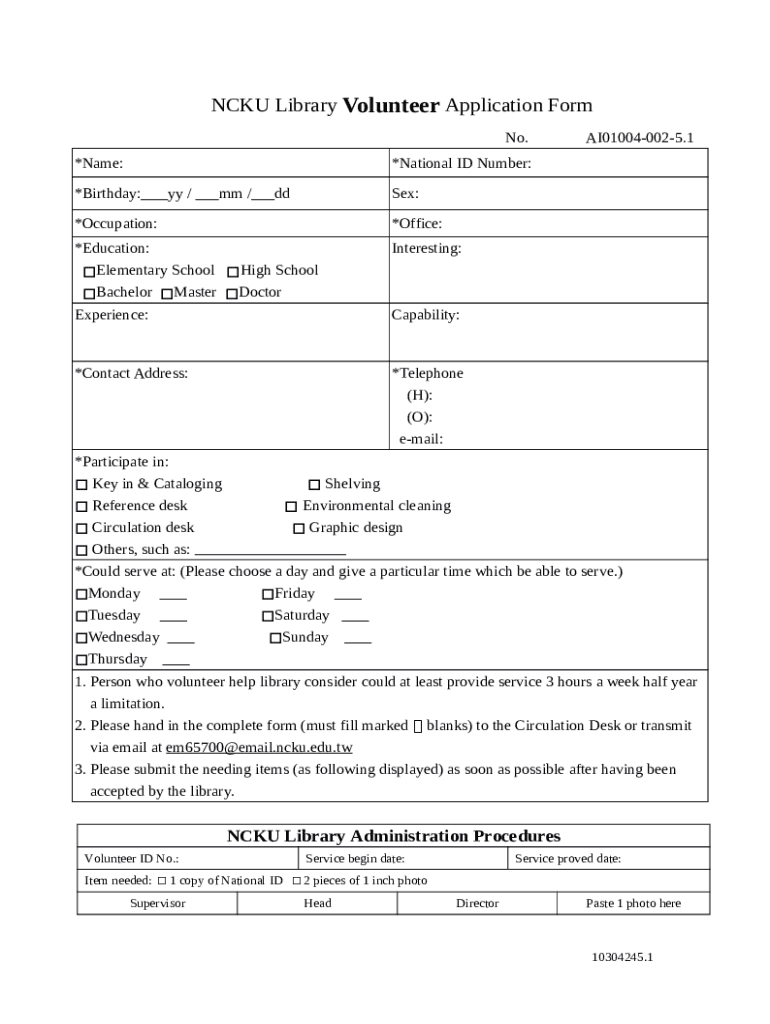 NCKU Library Volunteer Application Doc Template | pdfFiller