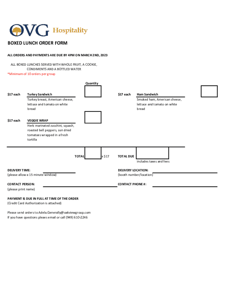 Fillable Online BOX LUNCH CATERING ORDER FORM Fax Email Print - pdfFiller