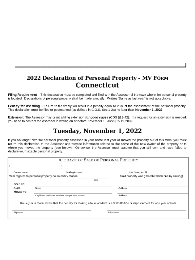 2022 Declaration of Personal Property -Motor Vehicle Doc Template ...