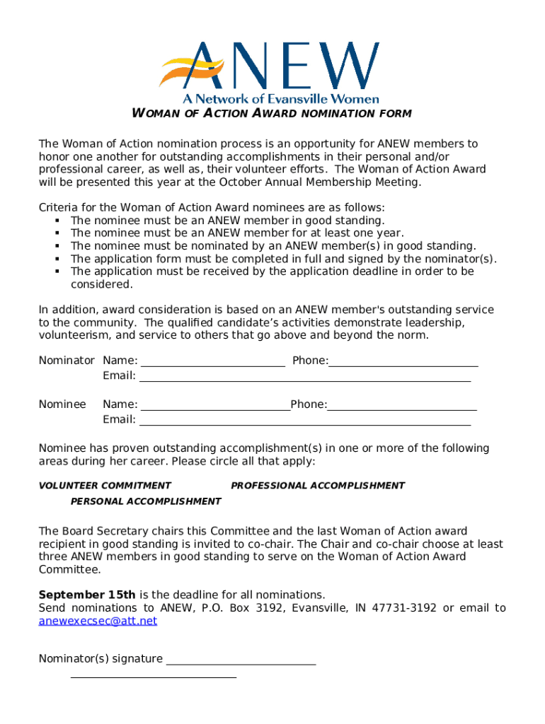 Woman of Action Award nomination Doc Template | pdfFiller