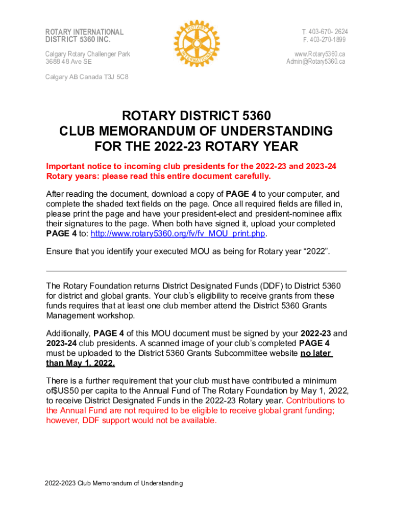 Fillable Online ROTARY DISTRICT 5360 CLUB MEMORANDUM OF ... Fax Email Print - pdfFiller